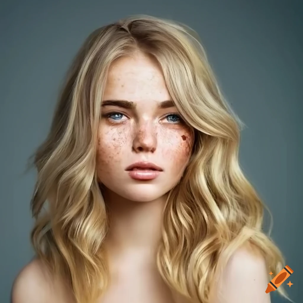 Beautiful young woman shoulder-length blonde hair very light freckles