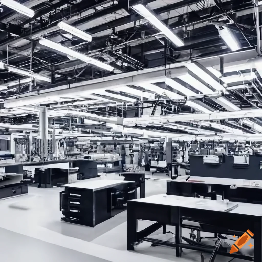 Impeccable organization workplace inside a modern factory, indoor ...