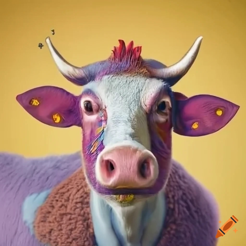 Cow, sheep, pig, and a hen combined in one in mondelez colors on Craiyon