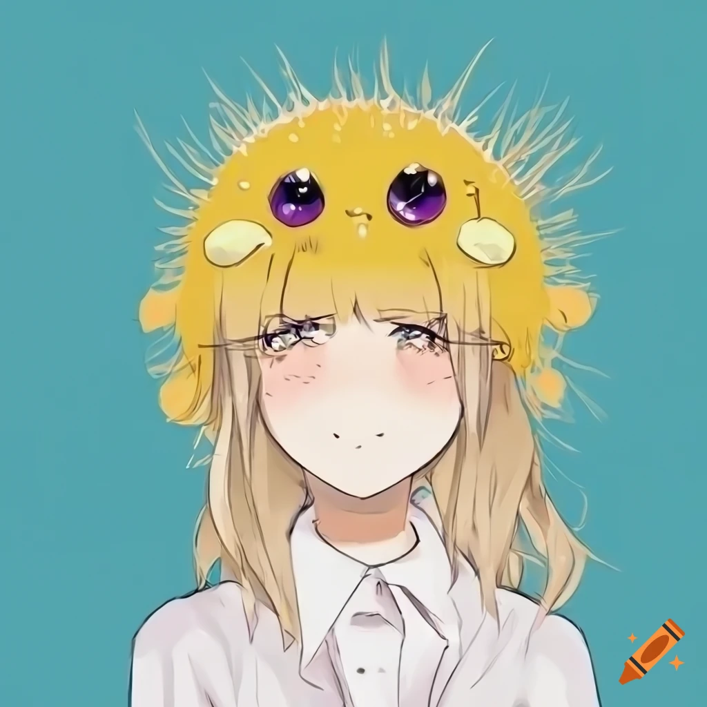 Profile picture of a person wearing a cute pufferfish hat, in anime-art ...