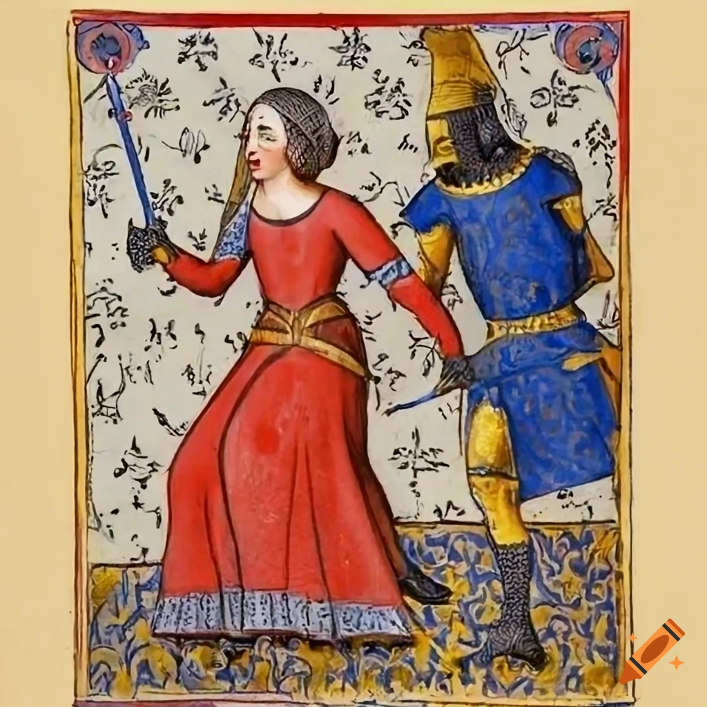 A woman fightiing in a battle, in the style of medieval illuminated manuscript drawing on Craiyon