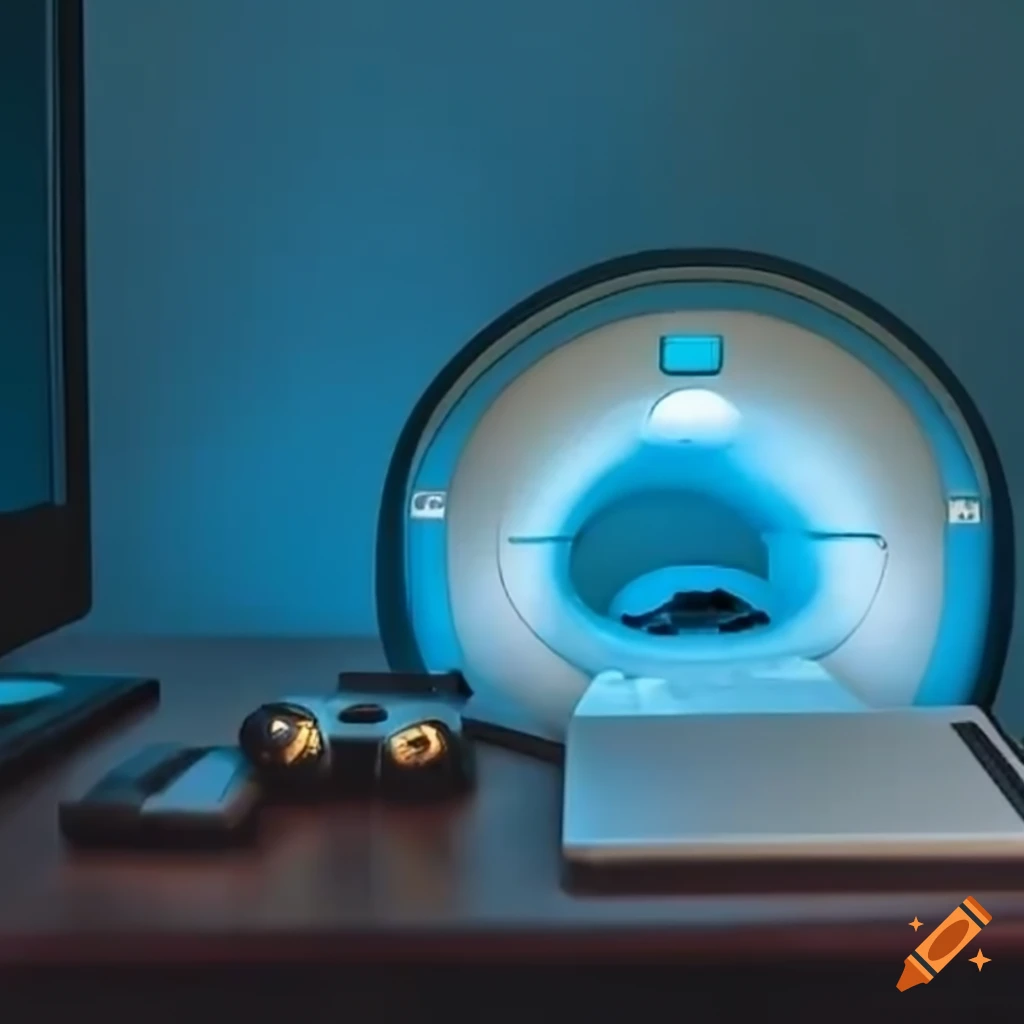 An mri machine next to a computer next to a video game on Craiyon