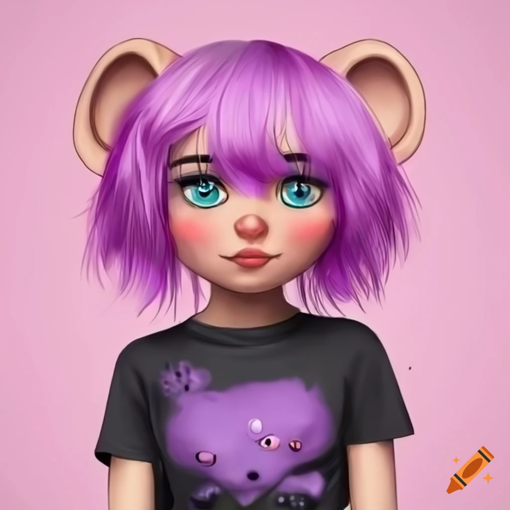 A mouse girl human with purple hair in tshirt with pony haircut