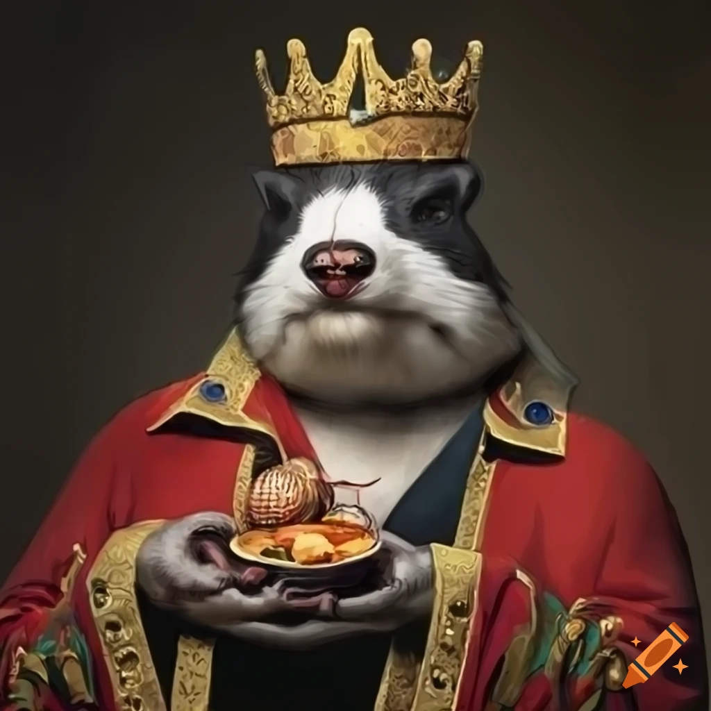 A fat bloated gluttonous anthro badger king wearing a royal coat with ...