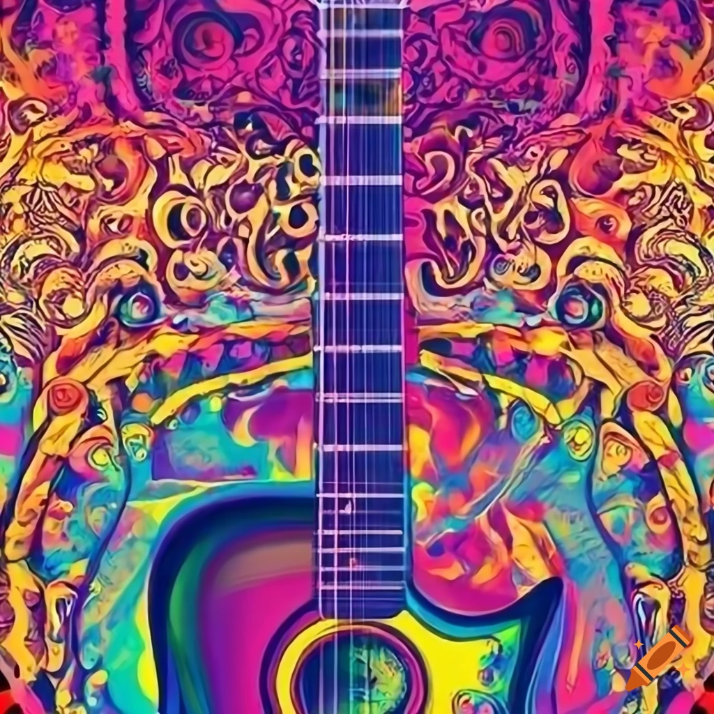 Vibrant poster featuring an guitar in a psychedelic style