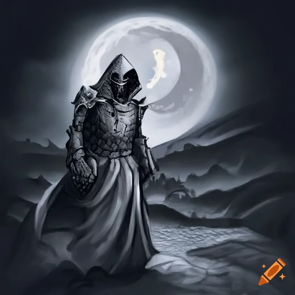 Reaper knight in the mountains tonight with moon and trees on Craiyon