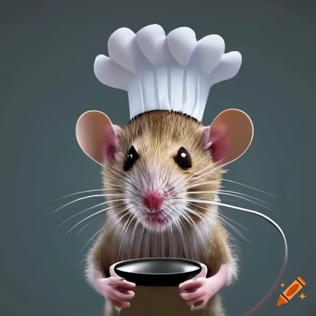A rat wearing a chef's hat, holding a frying pan