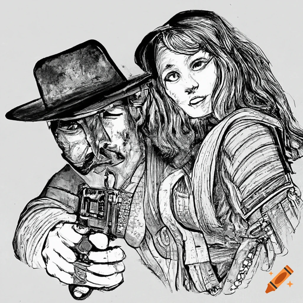 A black and white sketch of a saloon girl witnessing a historic ...