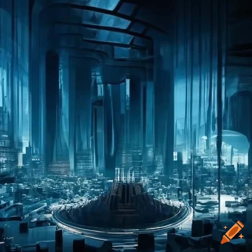 A futuristic cityscape inside a colossal glass structure