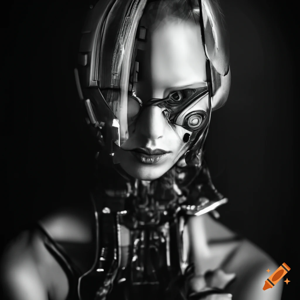A retro sci fi high-tech cyborg with a striking black and white ...