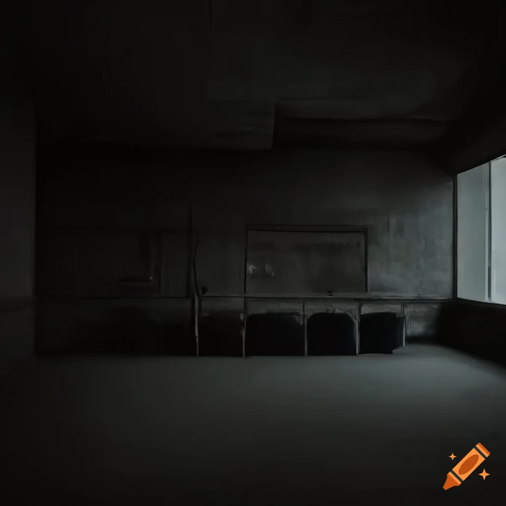 Creepy Empty brutalist office building room with a couch in the center ...