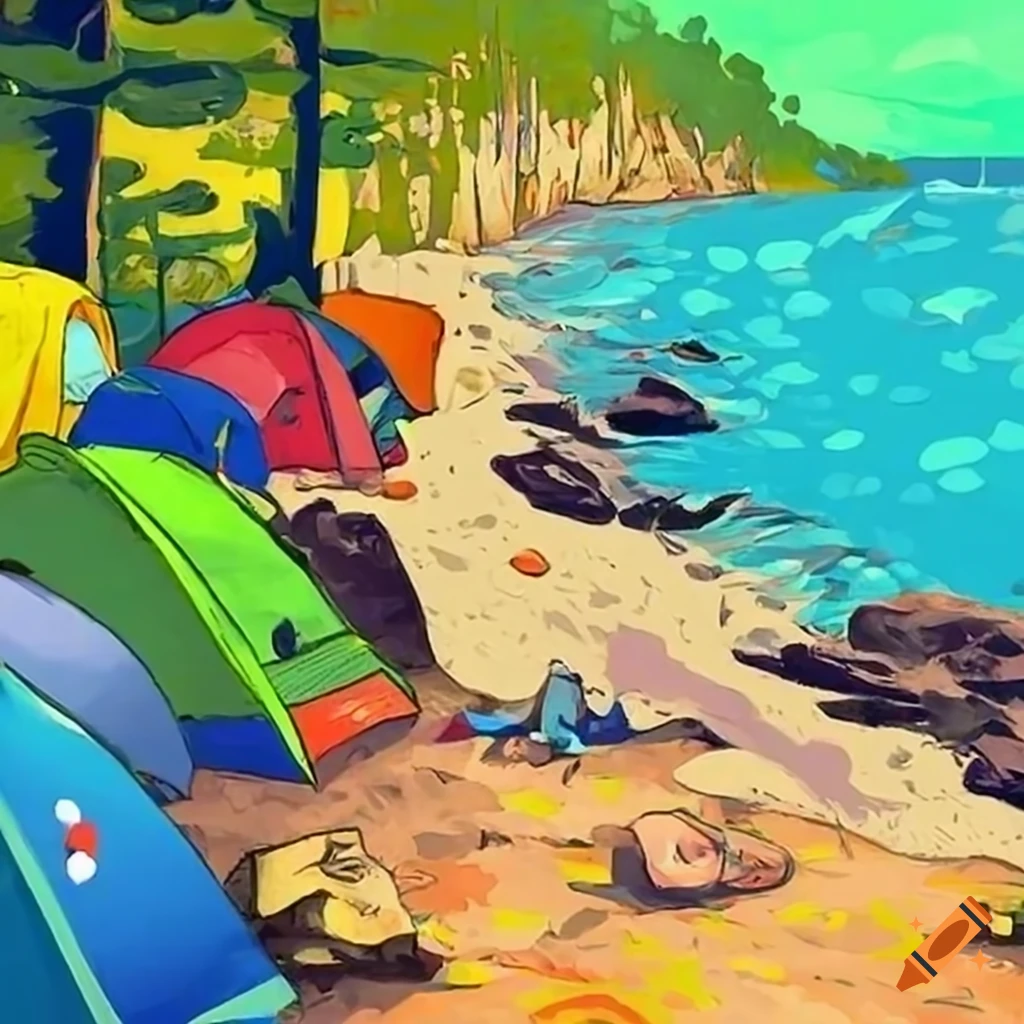 Camping on the beach on a cliff in the woods painted by picasso