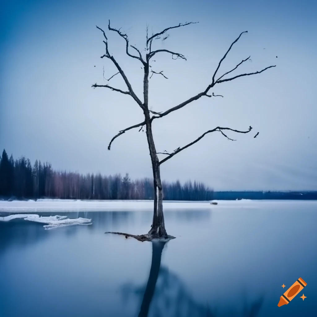 Dead trees around a frozen lake