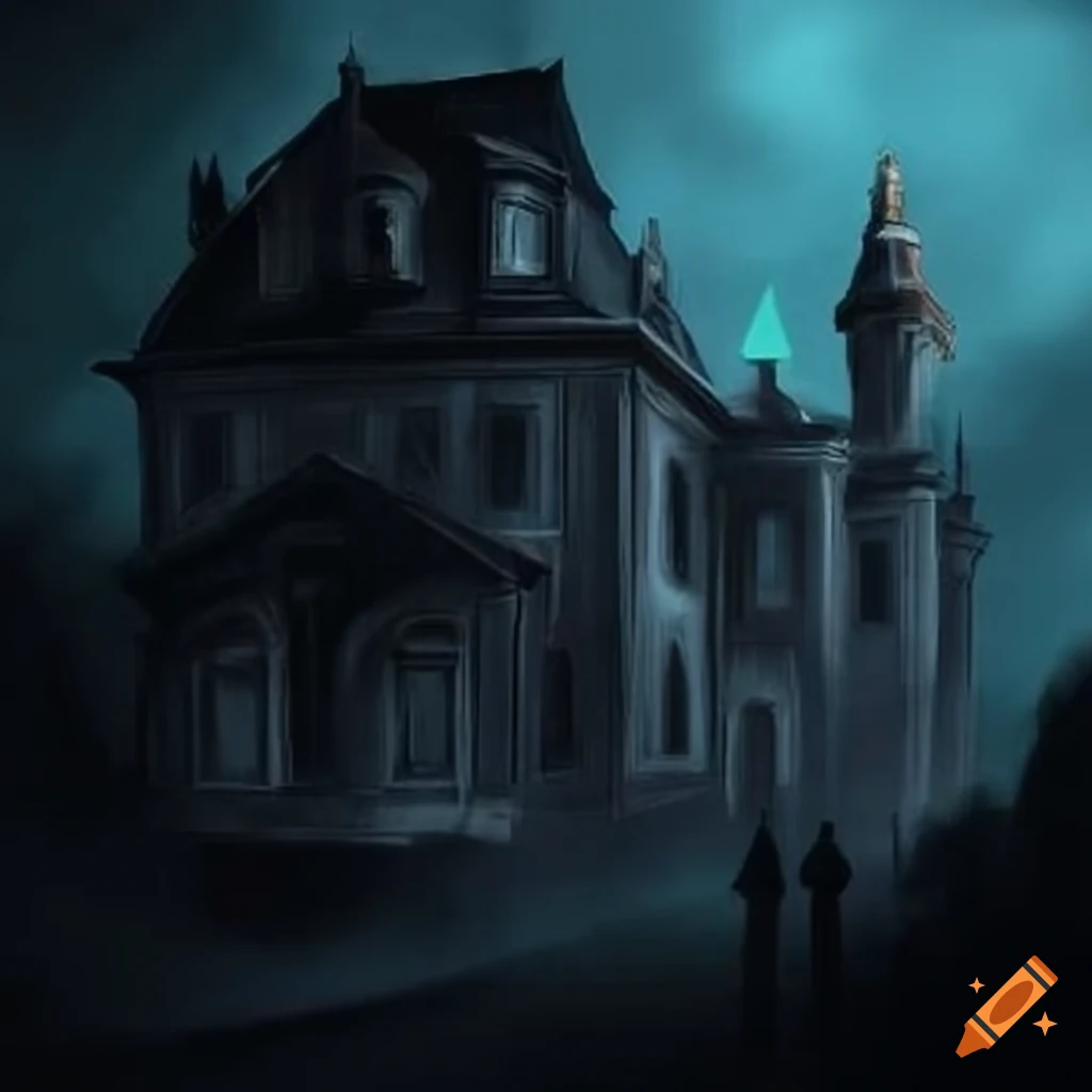Dark city mansion with shadow characters on Craiyon