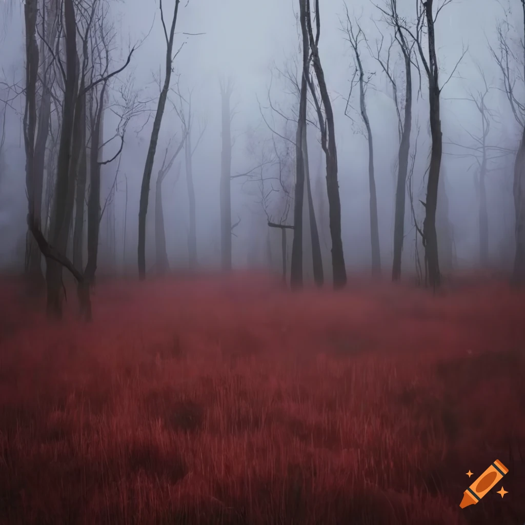 Red foggy landscape with dead grass and dead bushes in the foreground ...