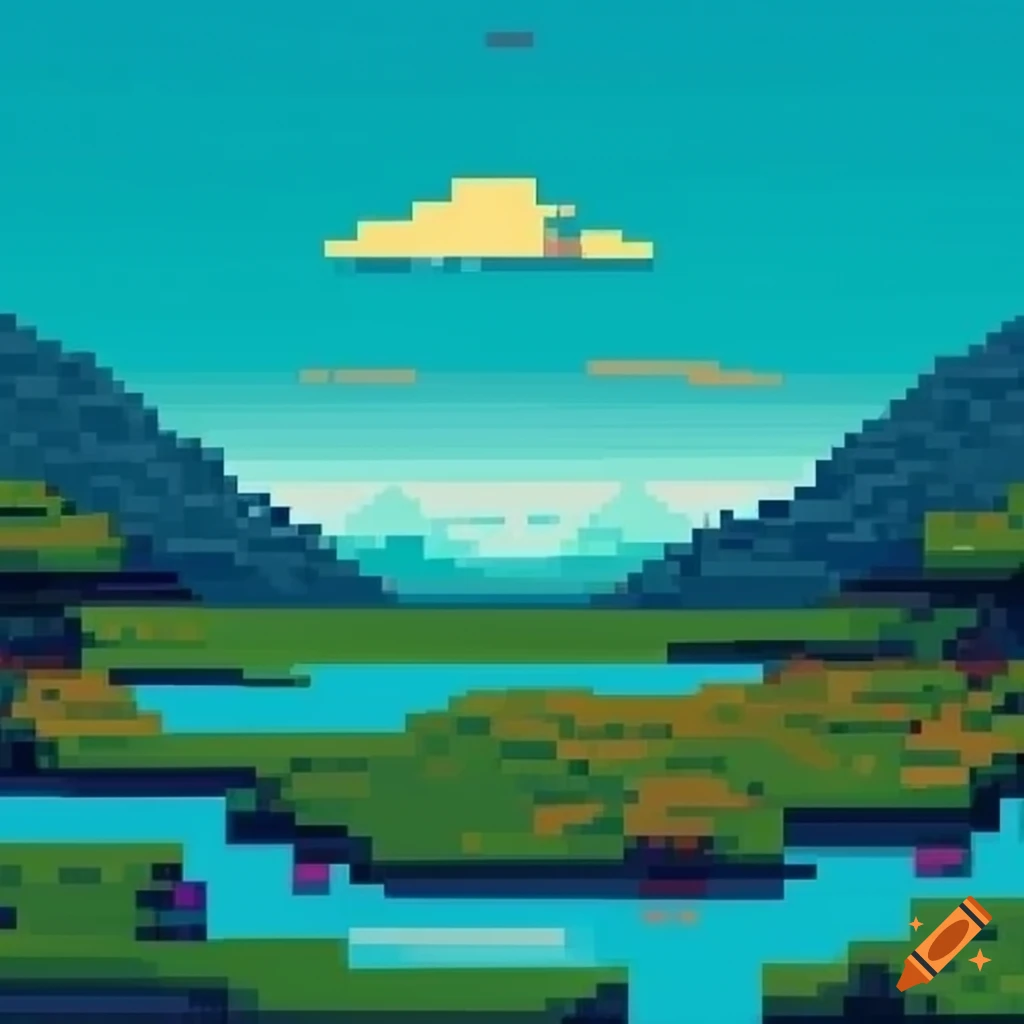 A serene pixel art landscape with mountains and a lake on Craiyon