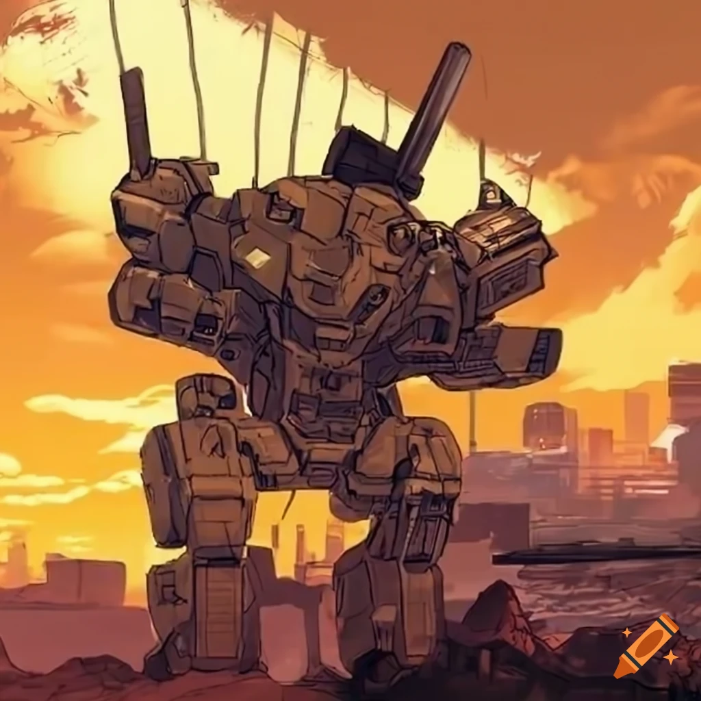 A battletech spider in anime style in a ruined futuristic city