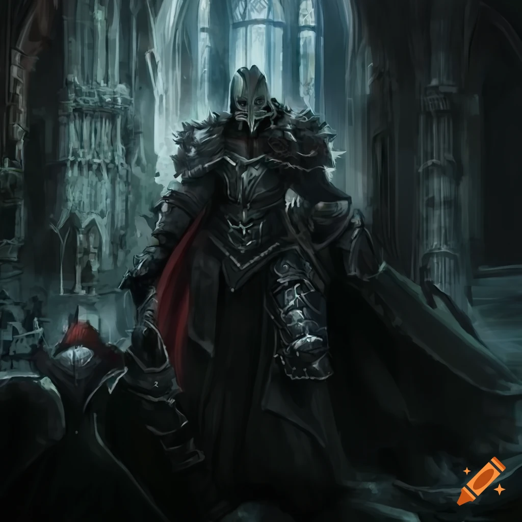 Necromancer knight in Black armor and his army in the ruins of a ...