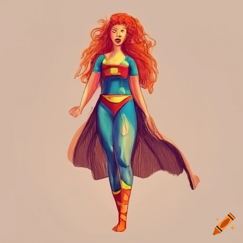 Earth mother hippy superhero redhead full body kind curvy on Craiyon