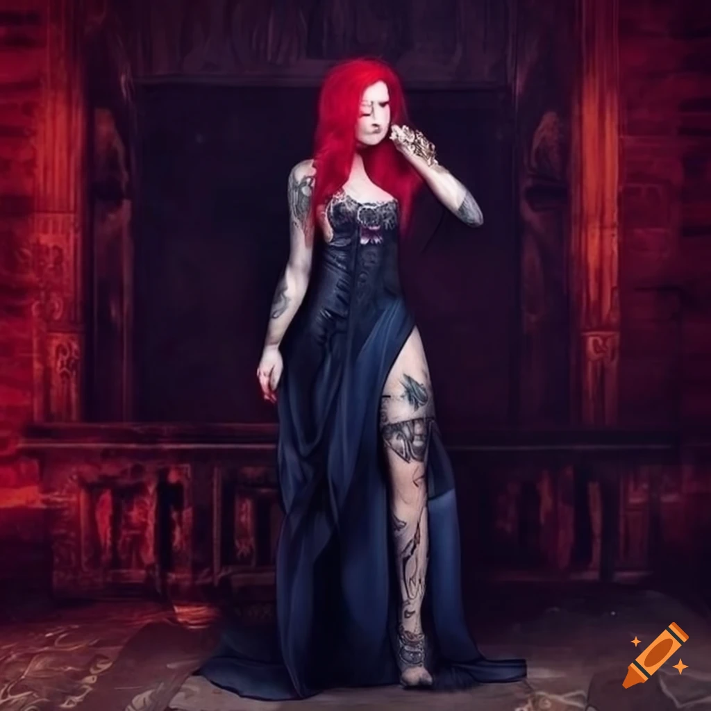 Girl, necromancer, red hair, black and blue dress, tattoos on neck and arms, golden eyes, full ...