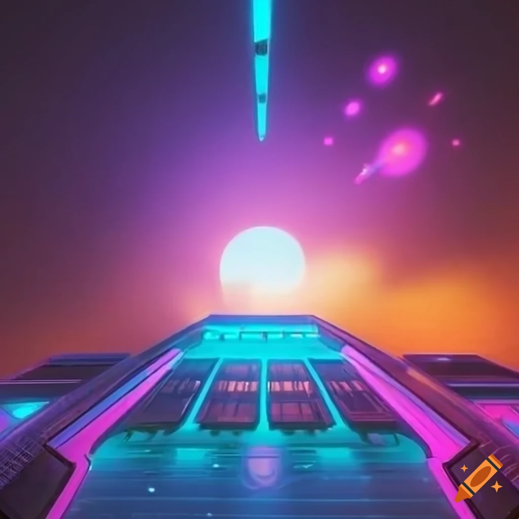 A synthwave spaceship hotel looking out at space full of stardust and ...