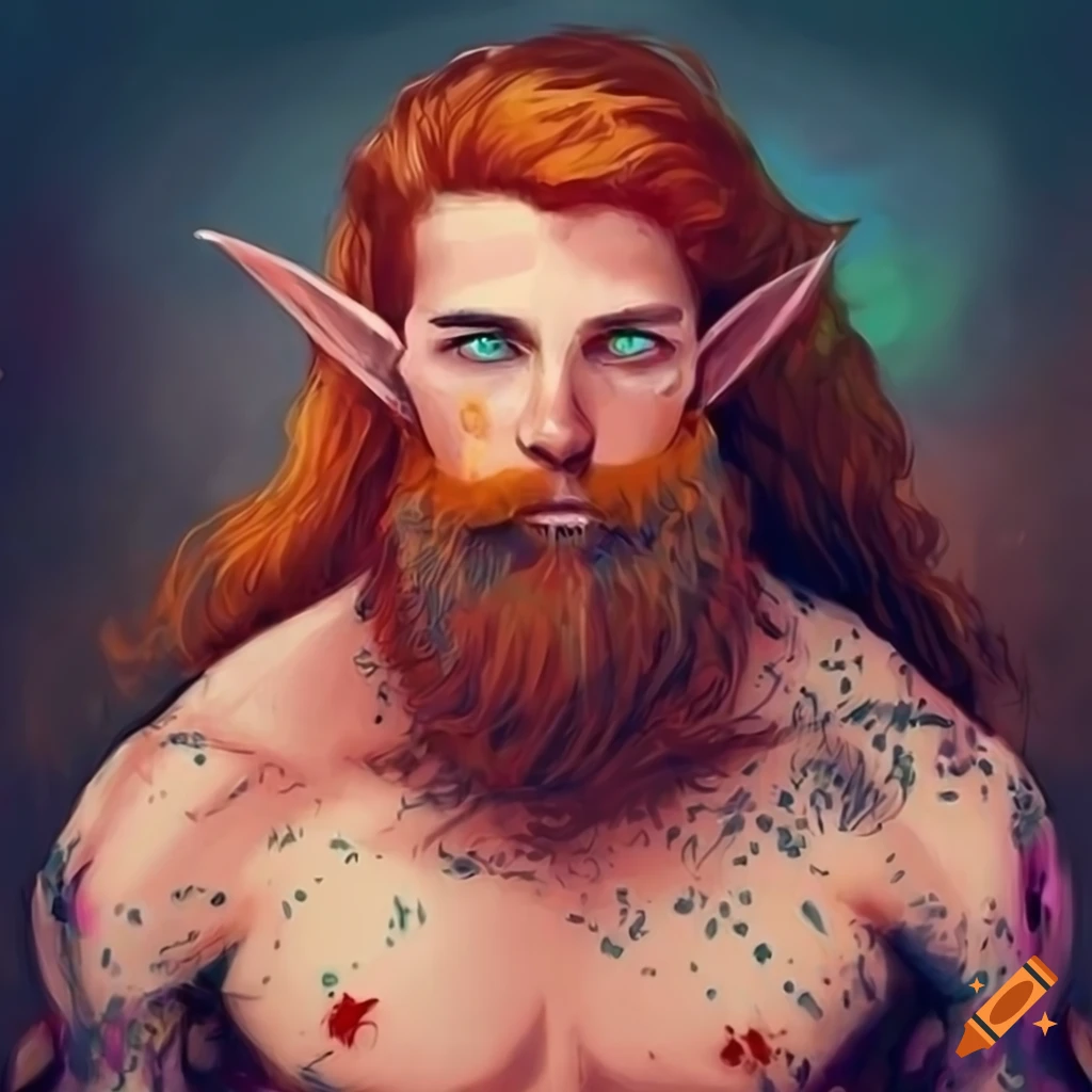Man ginger hair beard high fantasy upper body green eyes freckels ...