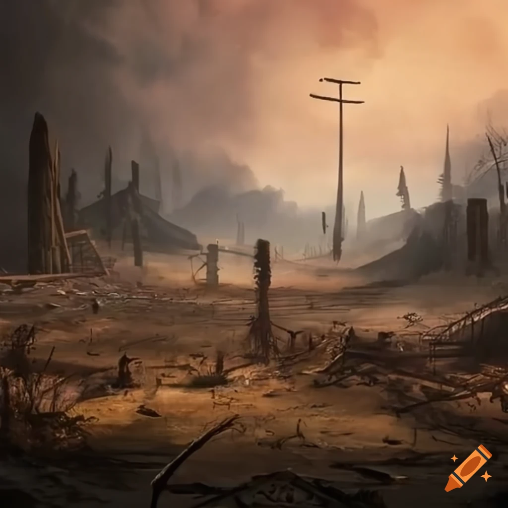 A post-apocalyptic landscape, aftermath of a destructive event on Craiyon