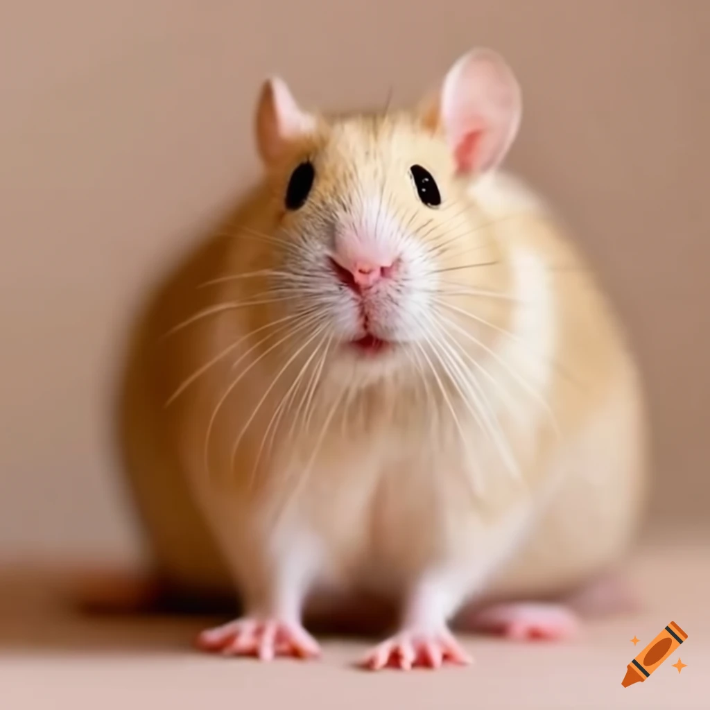 A cute cream colour rat with a long tail looks up at a gray bunny