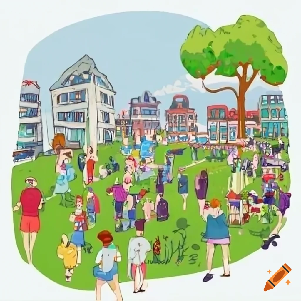 Cartoon town people gathered in a green garden on Craiyon