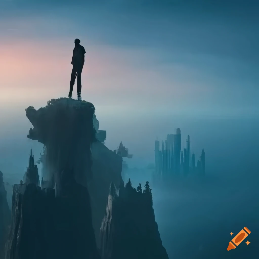 Person stands on cliff overlooking towering futuristic structure in ...