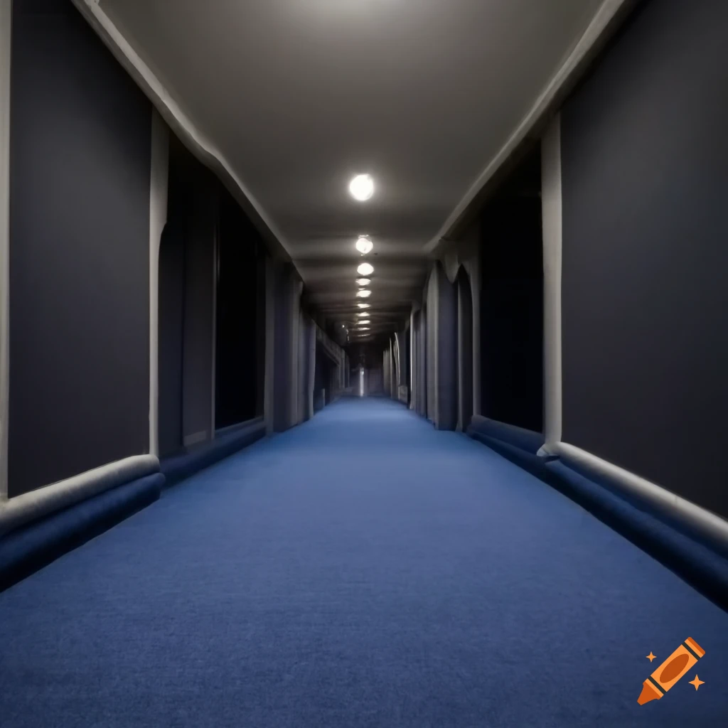 A hallway of a movie theater, deep blue carpeting, smooth dark gray ...