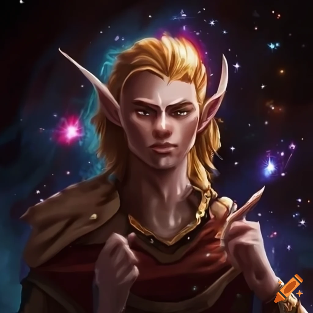 Male elf oracle in exploding stars on Craiyon