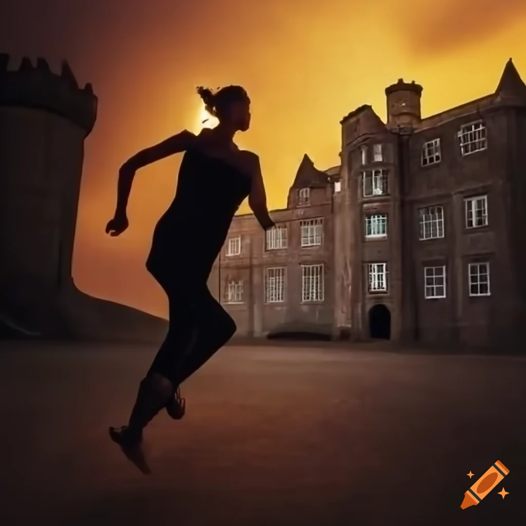 A person running on roftop of a castle at twilight