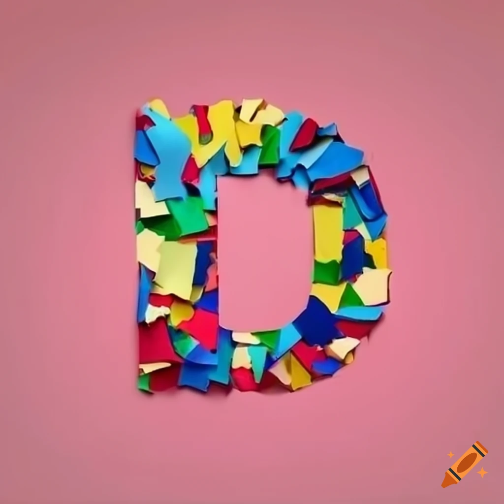 A vibrant letter made with colorful pieces of paper