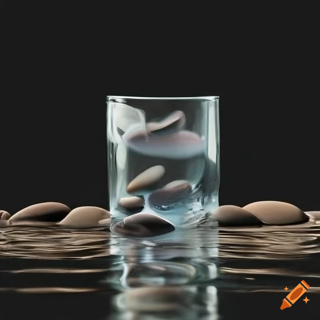 Glass cup half submerged in shallow water surrounded by smooth stones