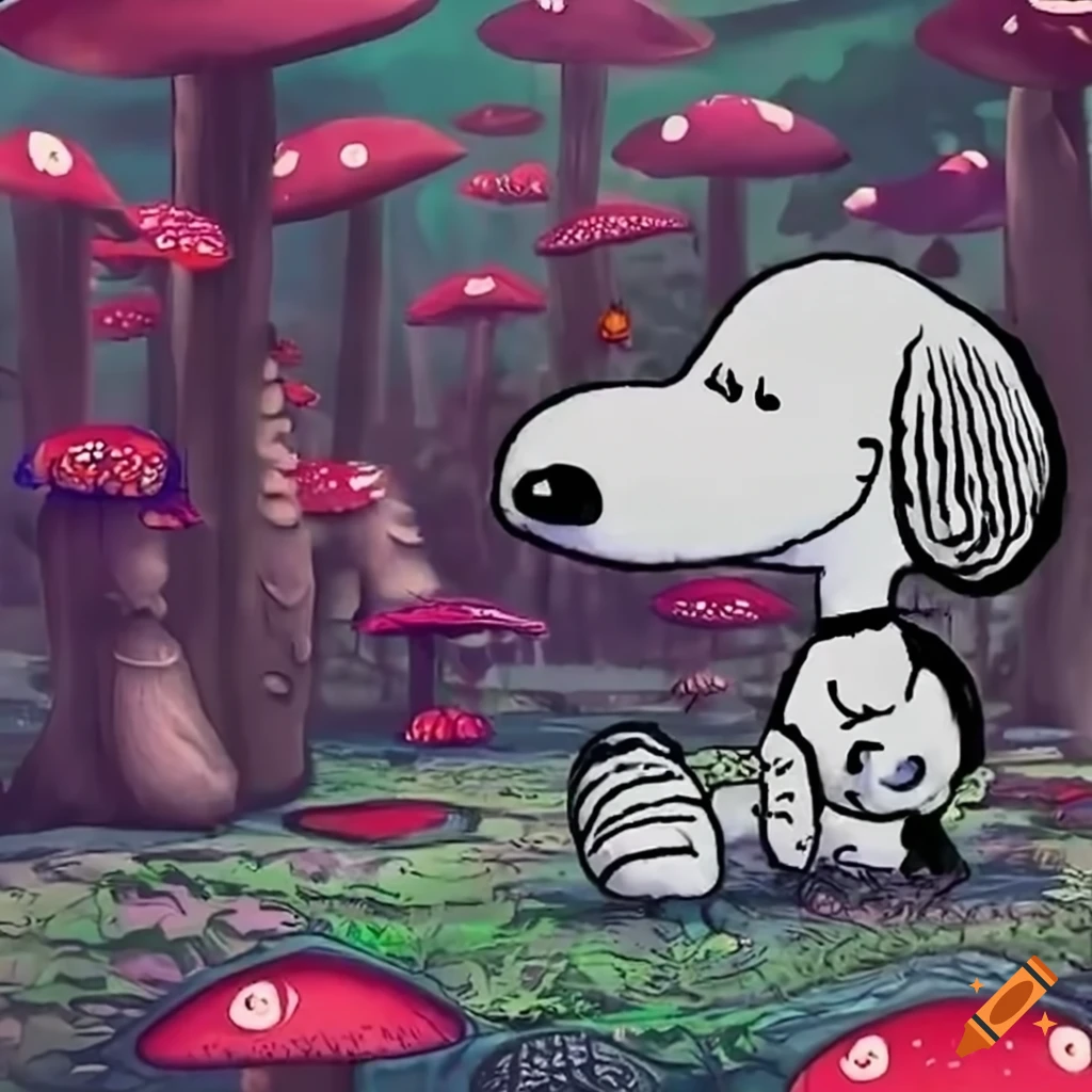 Snoopy enjoying an imaginative adventure in a vibrant mushroom forest ...