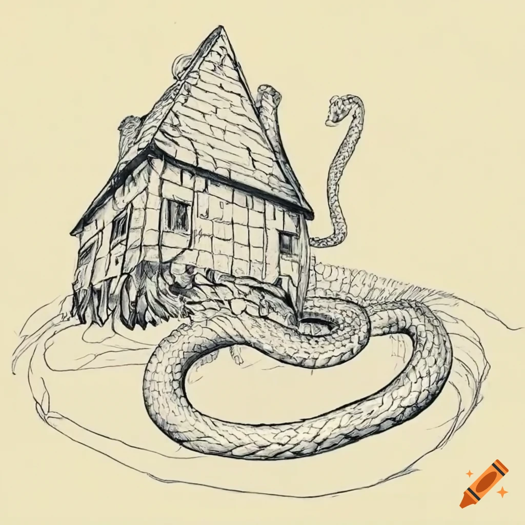 Giant red eyed snake overlooking a medieval manor house on Craiyon