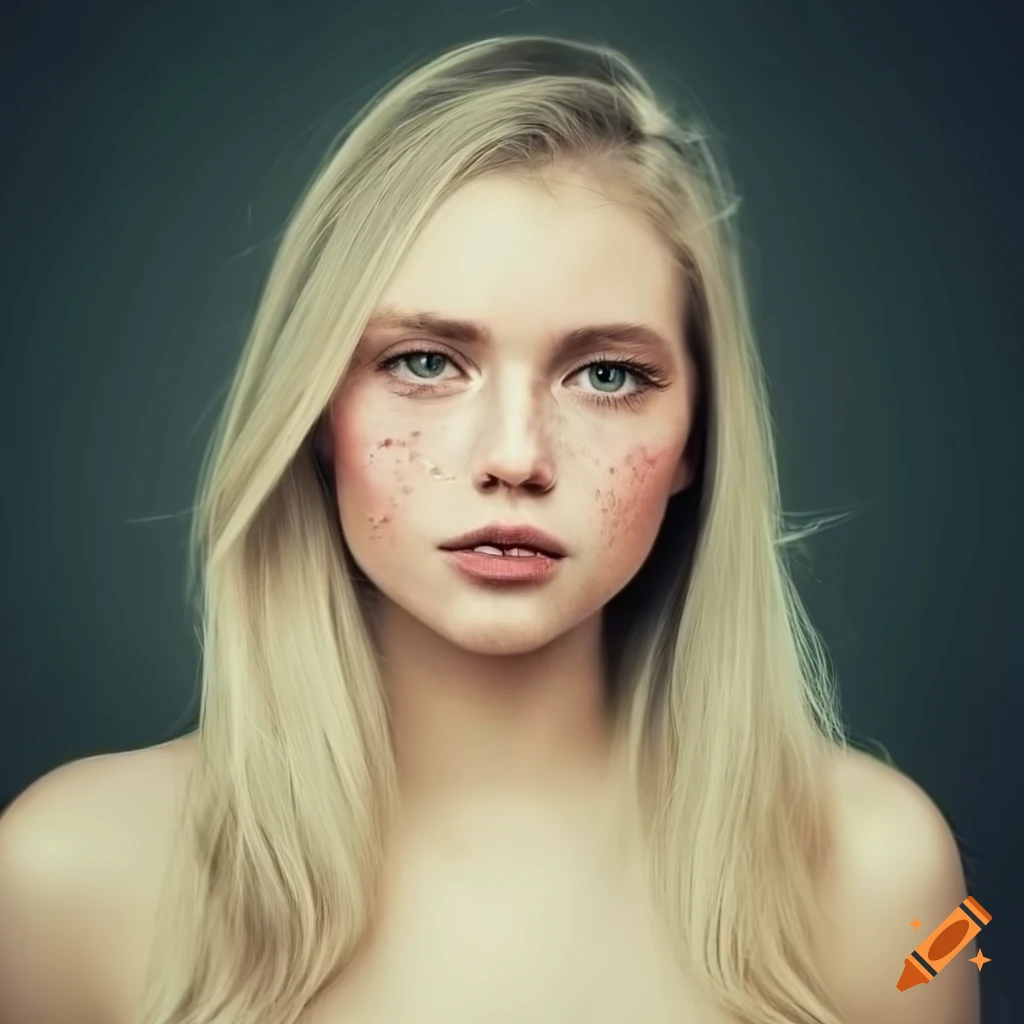 Beautiful young woman shoulder-length blonde hair very light freckles