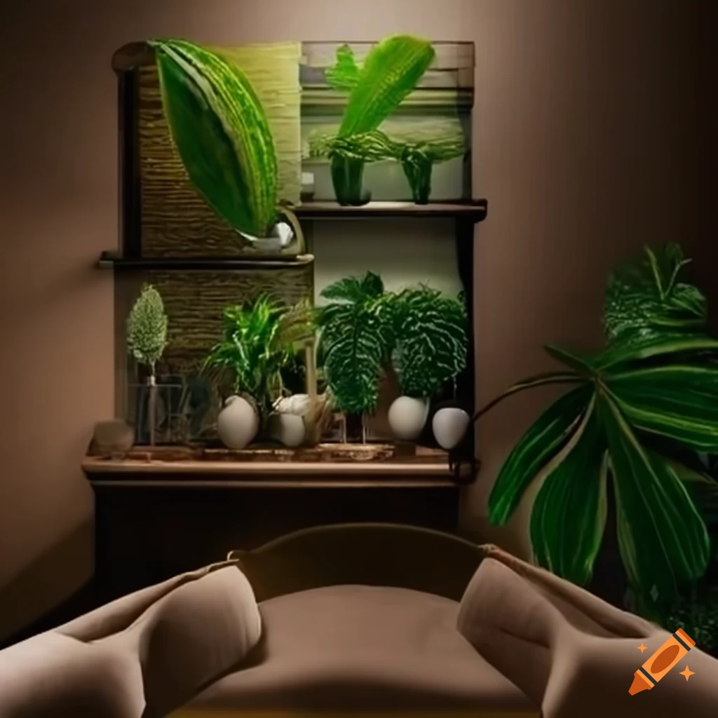 Luxurious room with a plant and hyper realistic decor , 9:16 size on ...