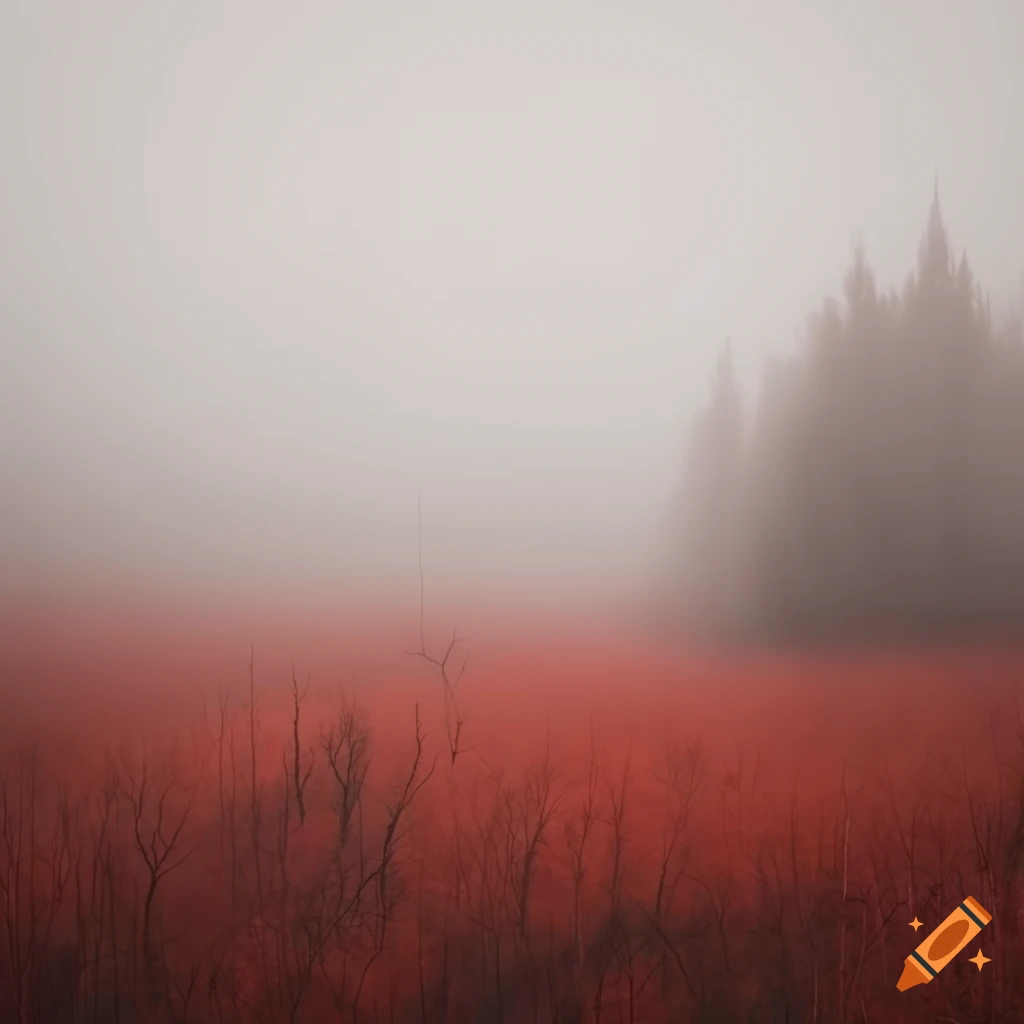 Red foggy landscape with dead bushes and dead grass in the foreground ...