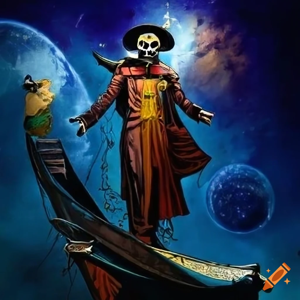 Art deco, solarpunk superhero pirate doctor with a cape on the front of ...