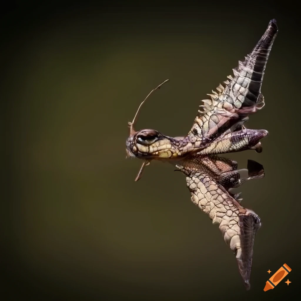 A whimsical small hybrid winged dragon with a mixture of features of bird and grasshopper, in ...