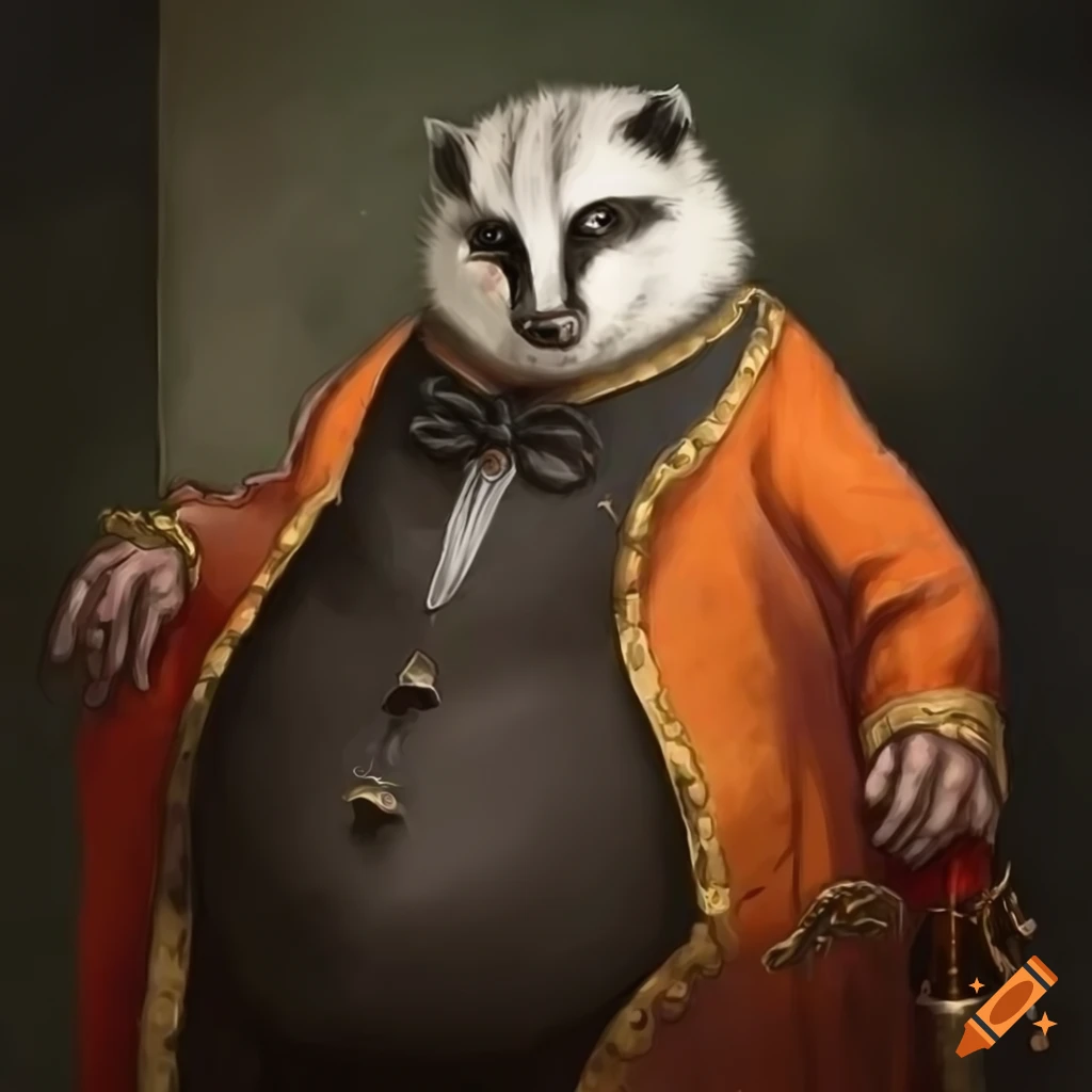 A fat bloated gluttonous anthro badger king wearing a royal coat with ...