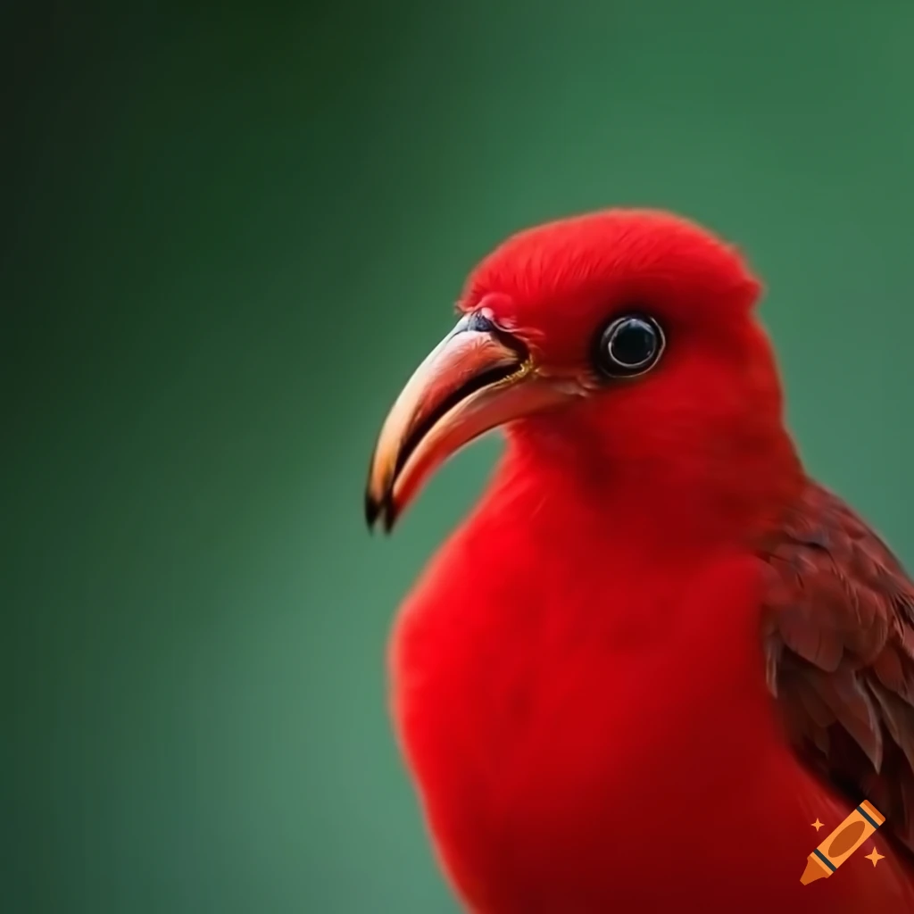 Red bird with large curved beak and long tail feathers holding brown ...