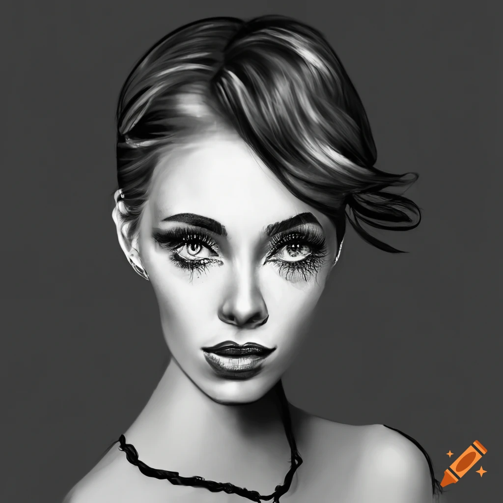 Elegant woman with selectively colored hair in black and white portrait ...