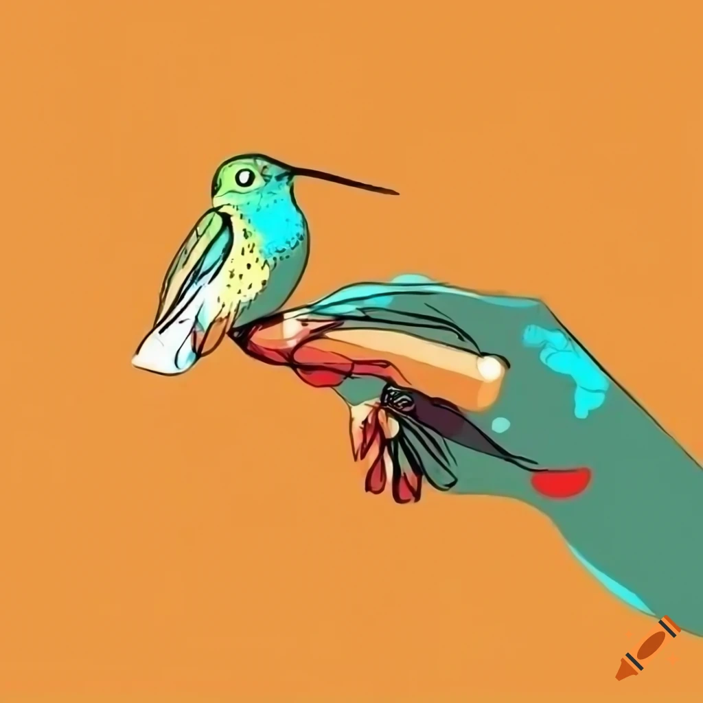 Minimalist line sketch hummingbird perched on human hand