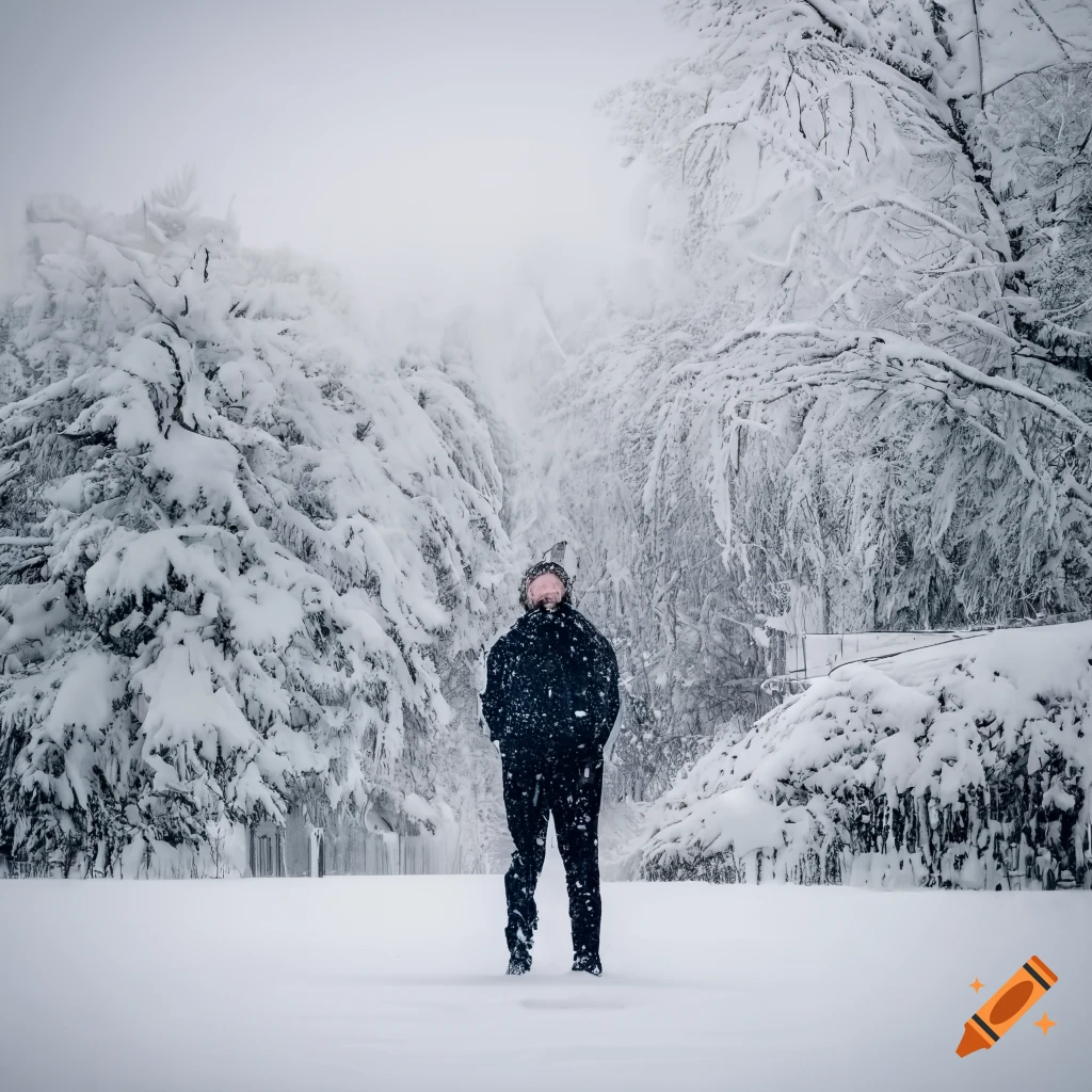 A man in a snow storm is looking at the camera