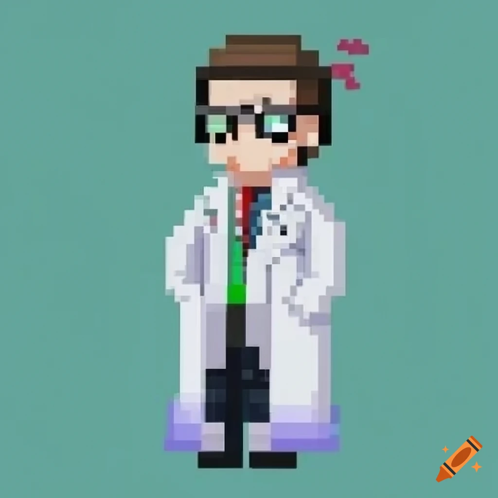 Pixel art of a scientist in a white lab coat, full body on Craiyon