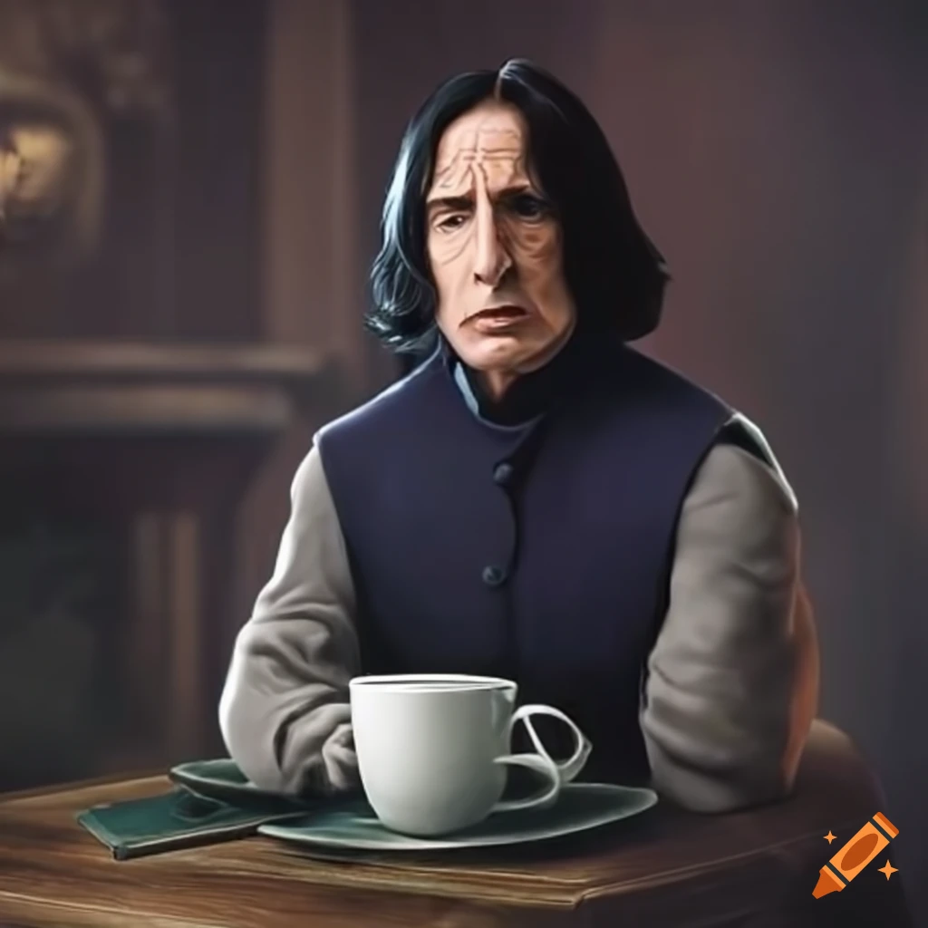 Snape sitting at a table. Harry Potter sits at the table also. The are ...