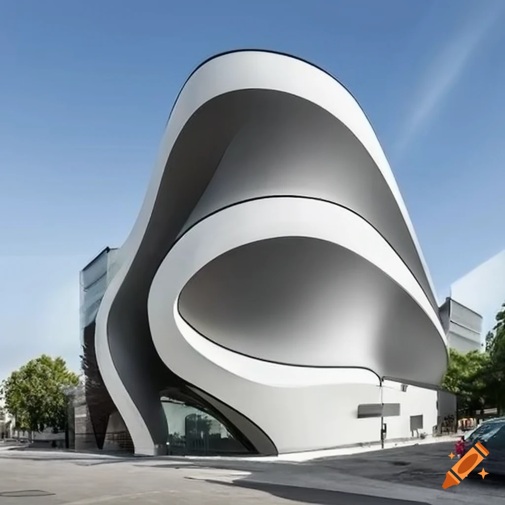Sleek building with dramatic curves and sharp edges